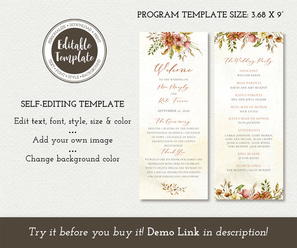 Floral Autumn Wedding Program Template, 3.68 x 9" Double Sided - Artful ...