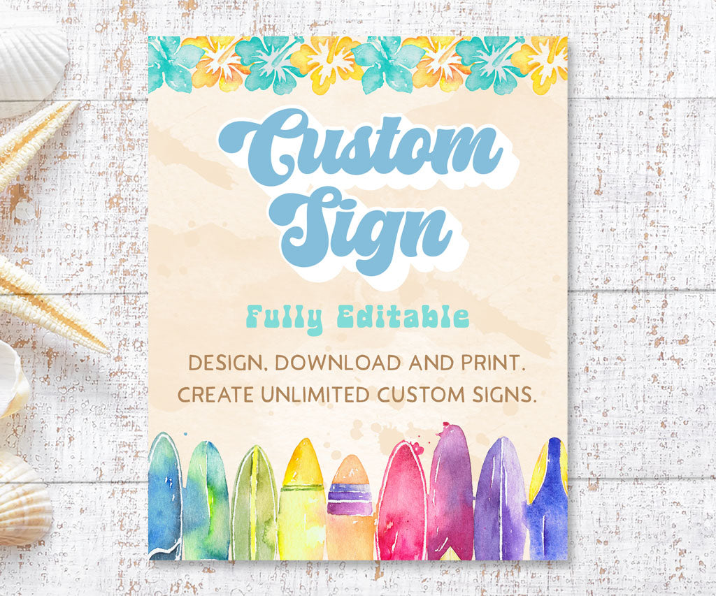 Beach Party Birthday Custom Sign 8 x 10” Portrait Template in Blue Tea ...