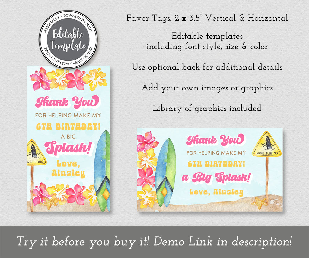 Beach Party Birthday Favor Tag Editable Templates - Artful Life Designs