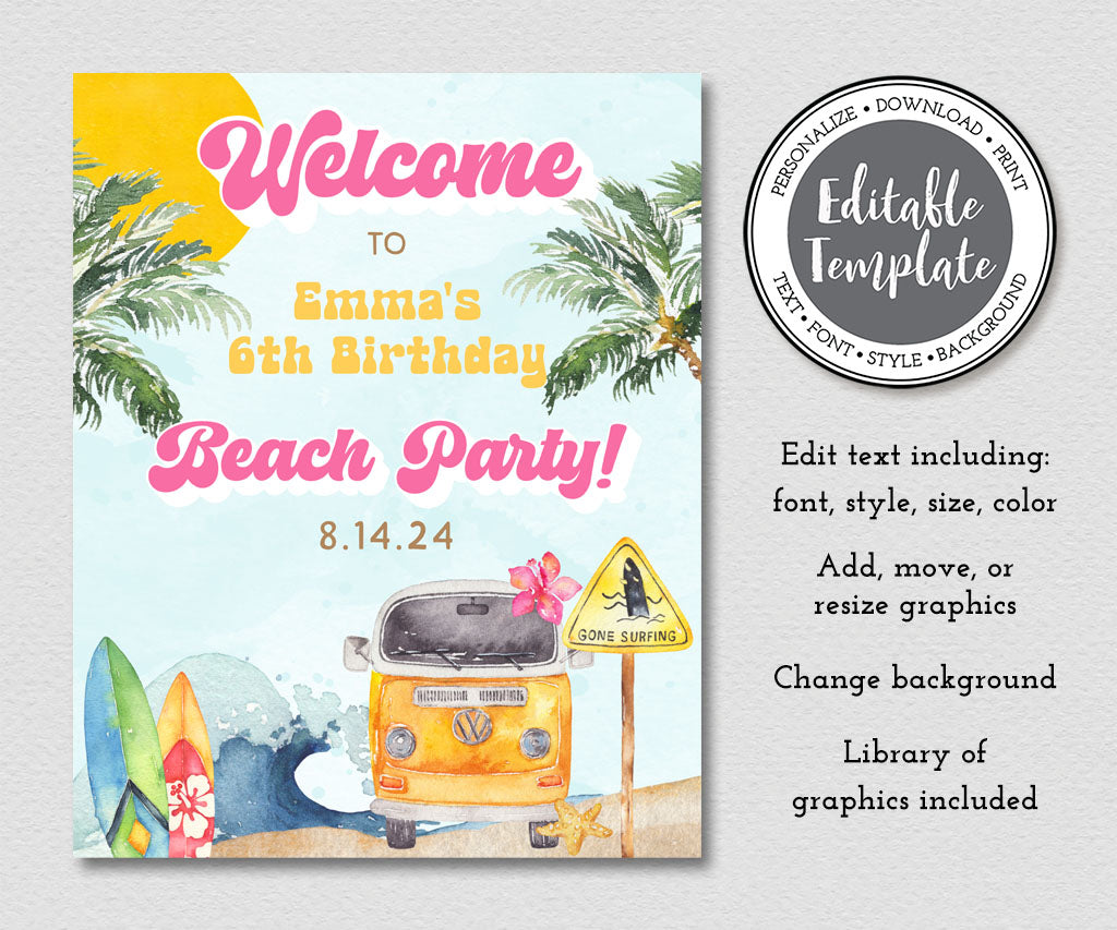 Beach Party Birthday Welcome Sign, Editable Template - Artful Life Designs