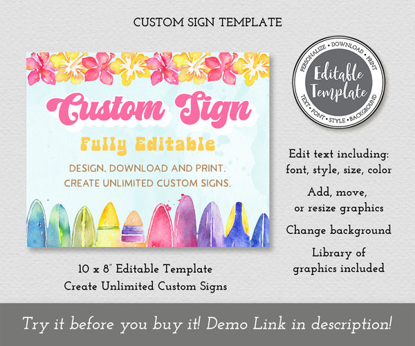 Beach Party Birthday Custom Sign 10 x 8” Landscape, Editable Template ...
