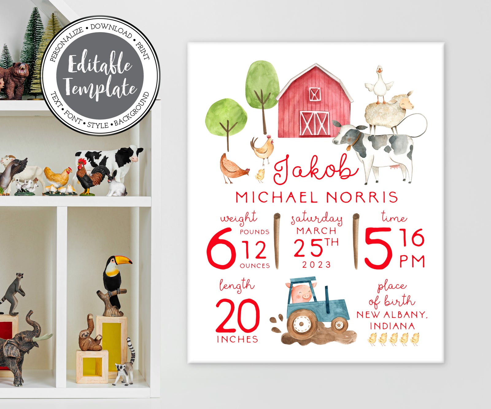 Farm Birth Stats Template, Barnyard Animals Nursery Printable, Farm Th ...