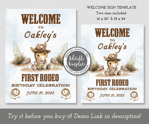 First Rodeo Cowboy Birthday Welcome Sign | Editable Template - Artful ...