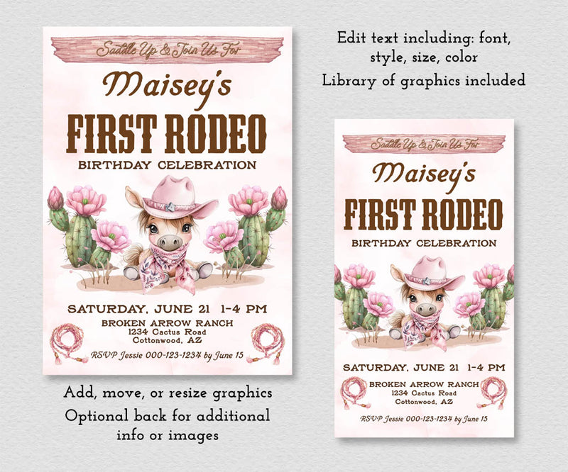 First Rodeo Cowgirl Birthday Invitation & Evite | Editable Template ...
