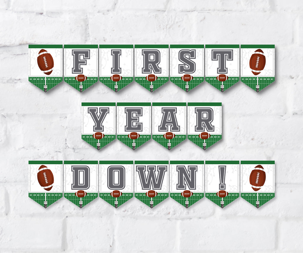 First Year Down Birthday Banner, Football 1st Birthday, Editable Templ ...