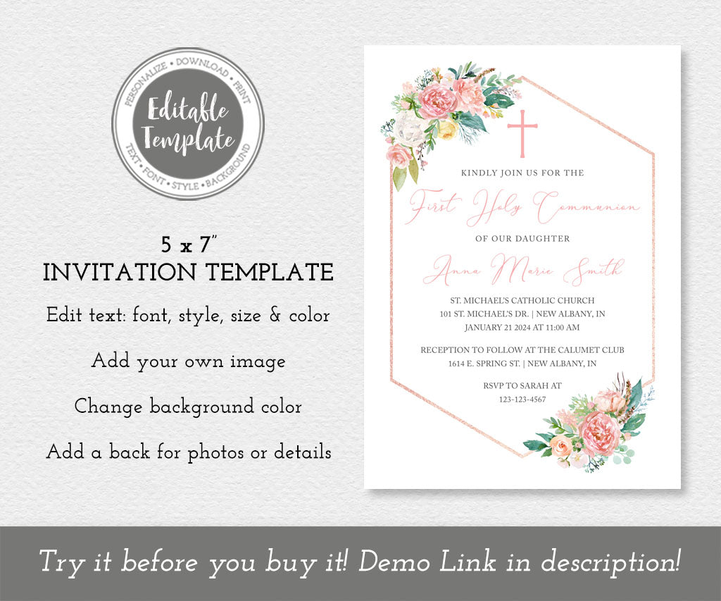 Floral First Communion Invitation in Pink White and Yellow, Editable T ...
