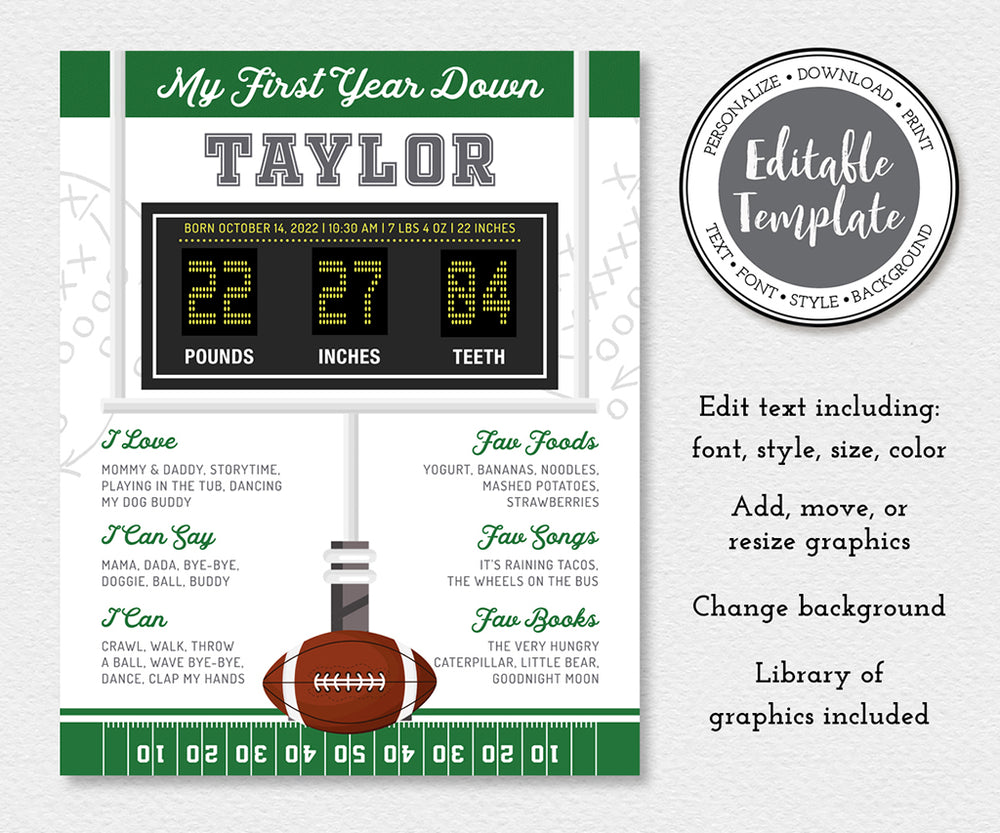 Football 1st Year Milestone Sign, First Year Down Editable Template ...