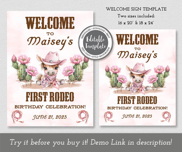 First Rodeo Cowgirl Birthday Welcome Sign | Editable Template - Artful ...