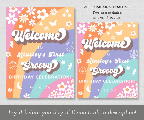 Retro Stripes Groovy Birthday Party Welcome Sign, Editable Template ...