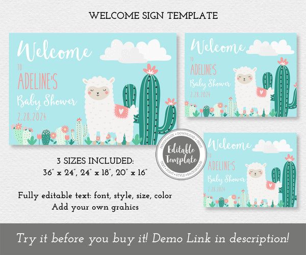 Llama Baby Shower Welcome Sign Template - Artful Life Designs
