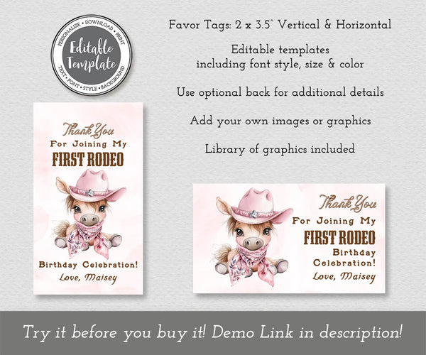 First Rodeo Cowgirl Birthday Favor Tags | Editable Templates - Artful ...