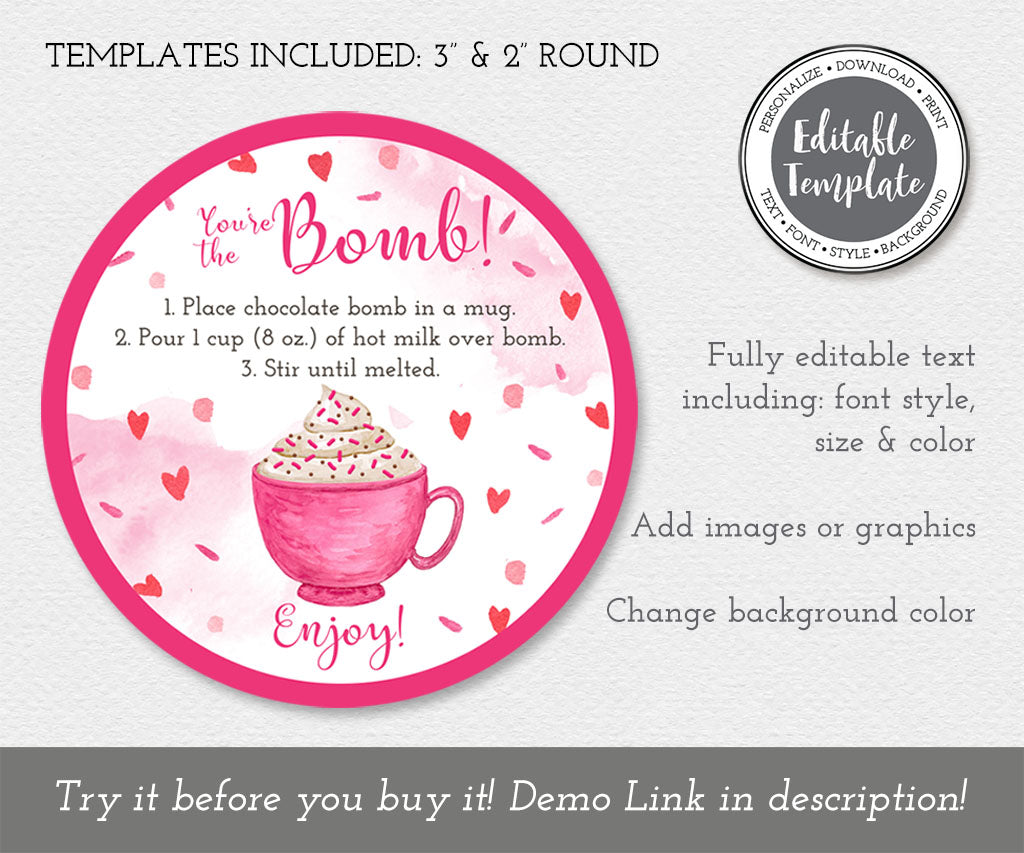 Pink Hearts Valentine Round Hot Chocolate Bomb Tag or Label Template ...