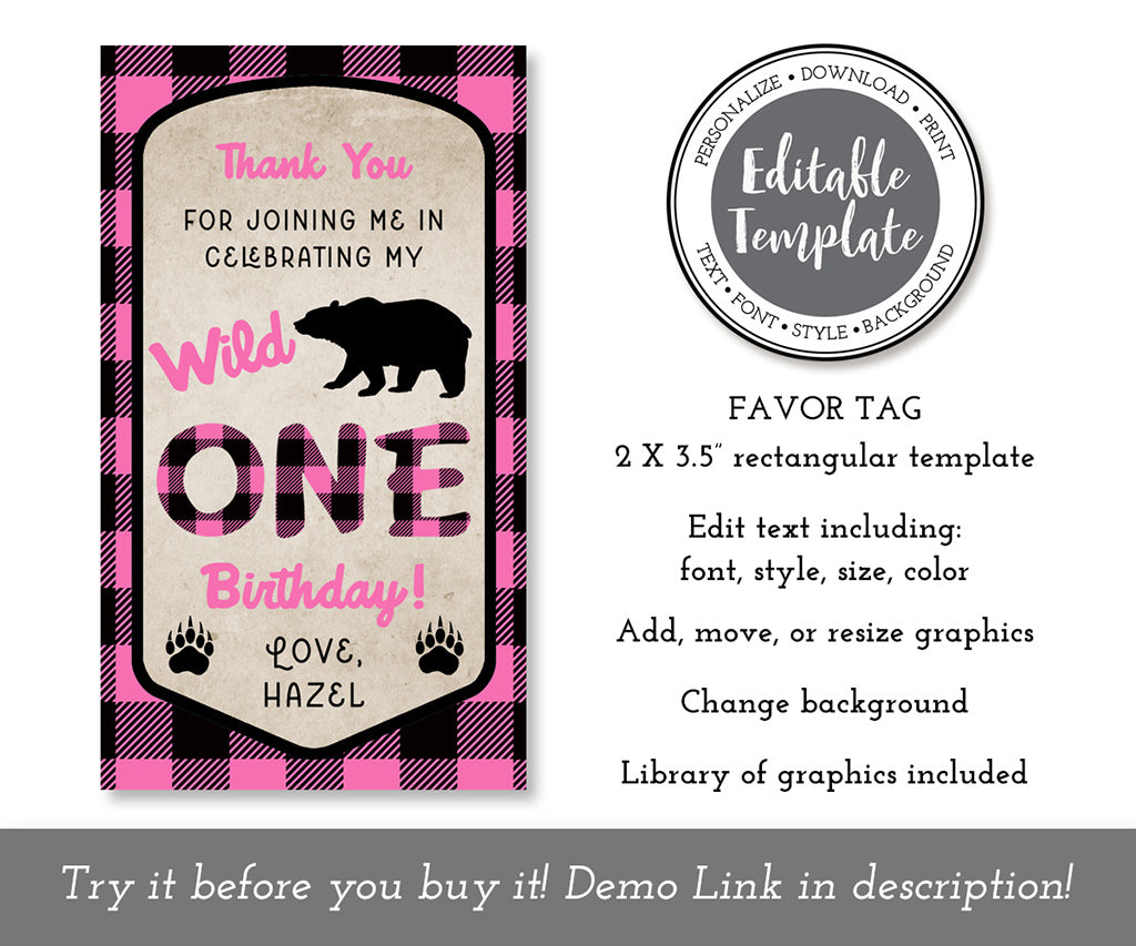 Pink Buffalo Plaid Birthday Favor Tag Template | Wild One 1st Birthday ...