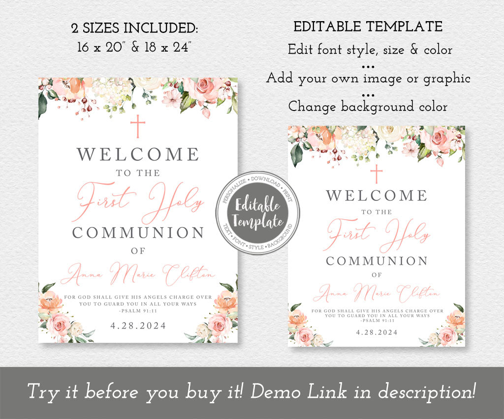 Pink and White Floral First Holy Communion Welcome Sign Template ...
