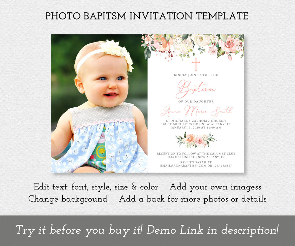 Pink and White Floral Photo Baptism Invitation Editable Template ...