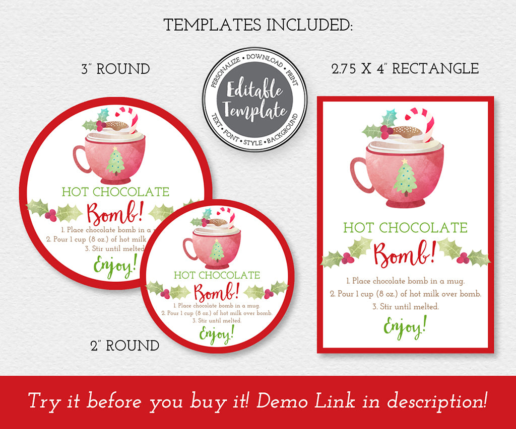 Festive Hot Chocolate Bomb Tags or Labels, Editable Templates - Artful ...