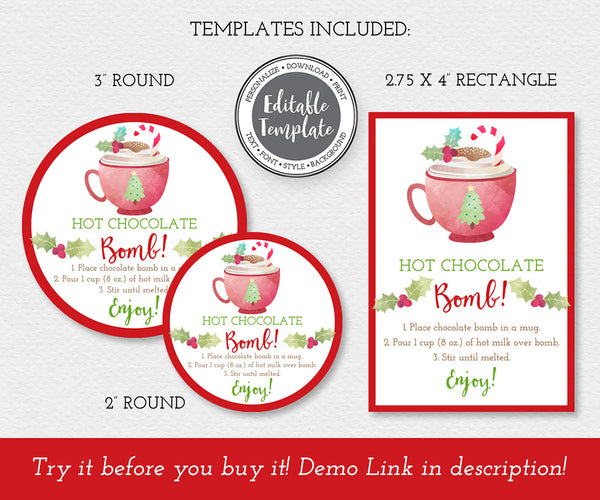 Festive Hot Chocolate Bomb Tags or Labels, Editable Templates - Artful ...