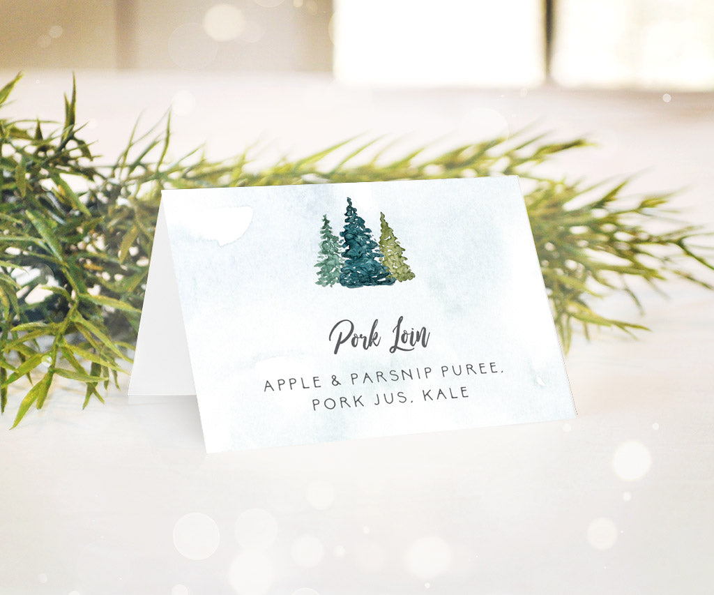 Rustic Pine Trees Buffet Food Cards, Flat and Folded, Editable Templat ...