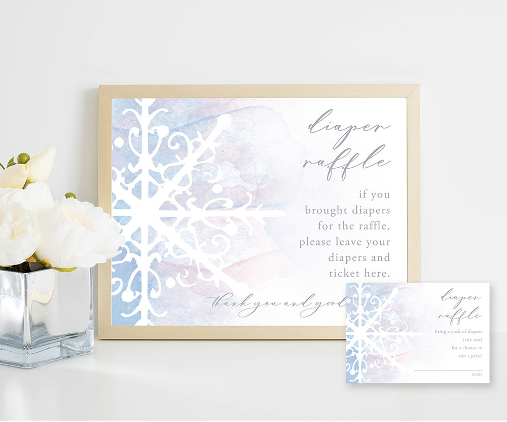 Snowflake Diaper Raffle Sign and Entry Card for Winter Baby Shower - Artful Life Designs