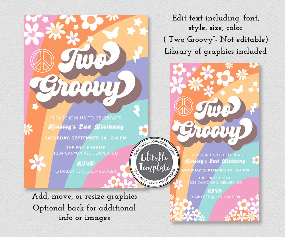 Retro Stripes Two Groovy Second Birthday Invitation and Evite Templates ...