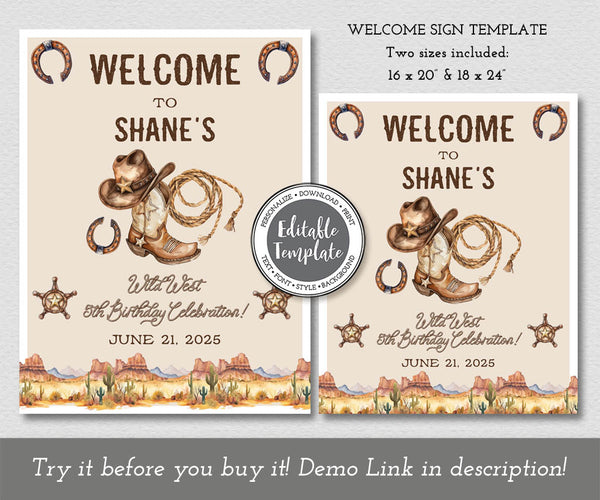 Editable Cowboy Birthday Welcome Sign | Editable Template - Artful Life ...