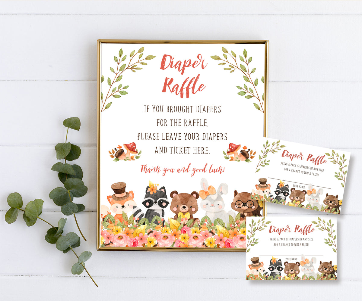 Diaper Raffle Sign and Ticket, Editable Templates, Woodland Baby Showe ...