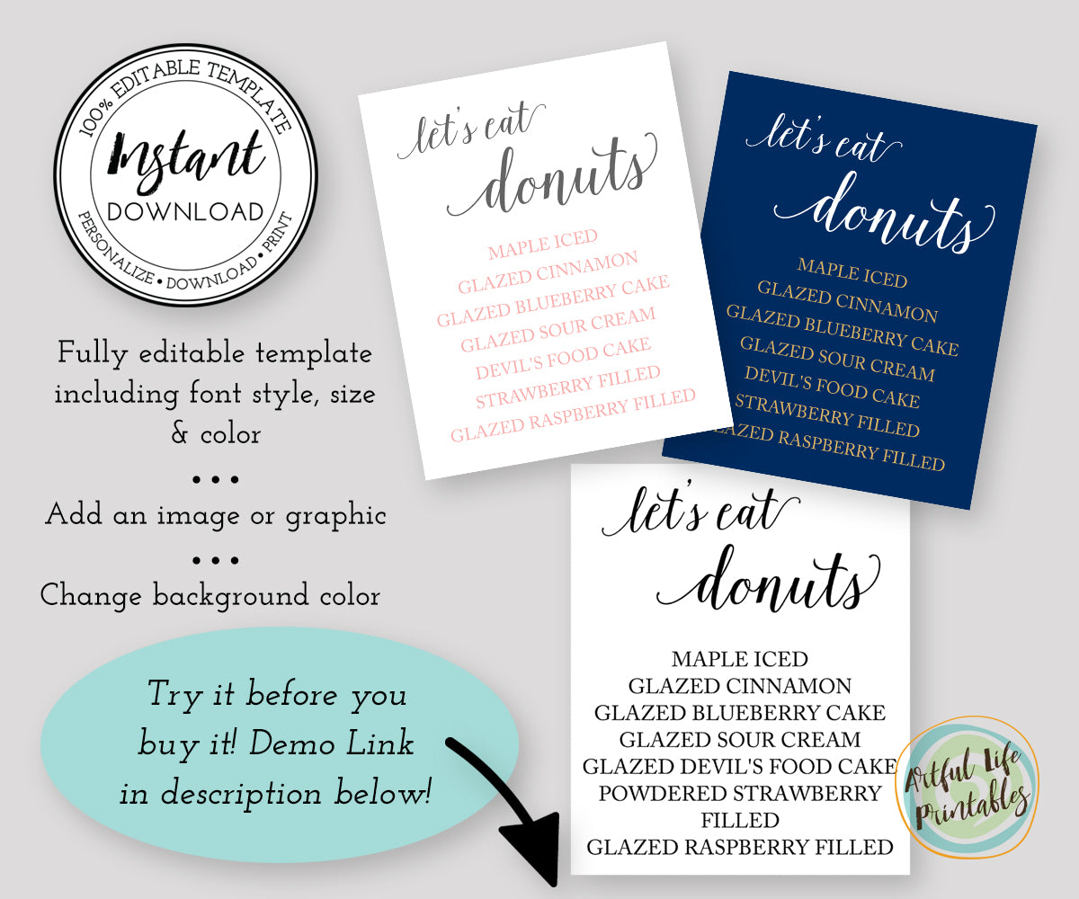 Donut Flavor Sign Template, Editable Let’s Eat Donuts Wedding Sign Pri ...