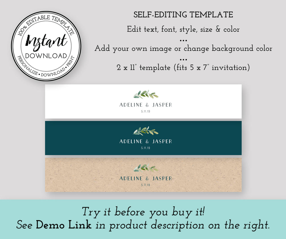 Greenery Invitation Belly Band Template, Wedding Invitation Wrapper Pr ...