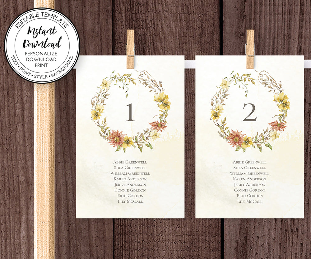 Fall Floral Seating Chart, Wedding Seating Chart Template, Hanging Sea ...