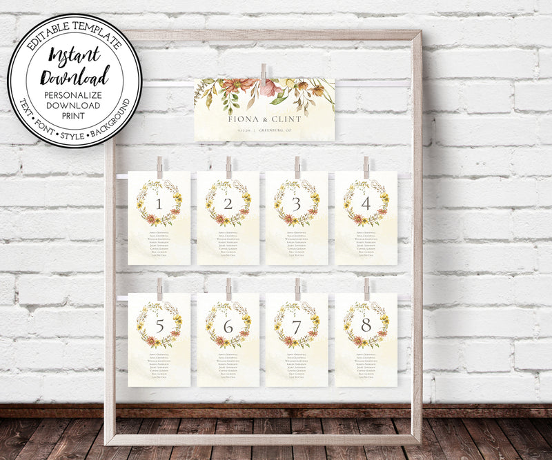 Fall Floral Seating Chart, Wedding Seating Chart Template, Hanging Sea ...