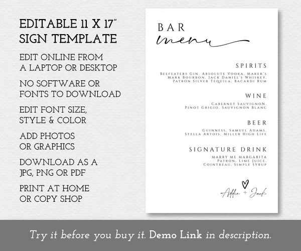 Minimalist Bar Menu Sign Template, Wedding Drink Sign, Instant Downloa ...
