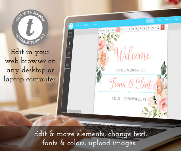 Wedding Welcome Sign Template, Pink and White Floral - Artful Life Designs
