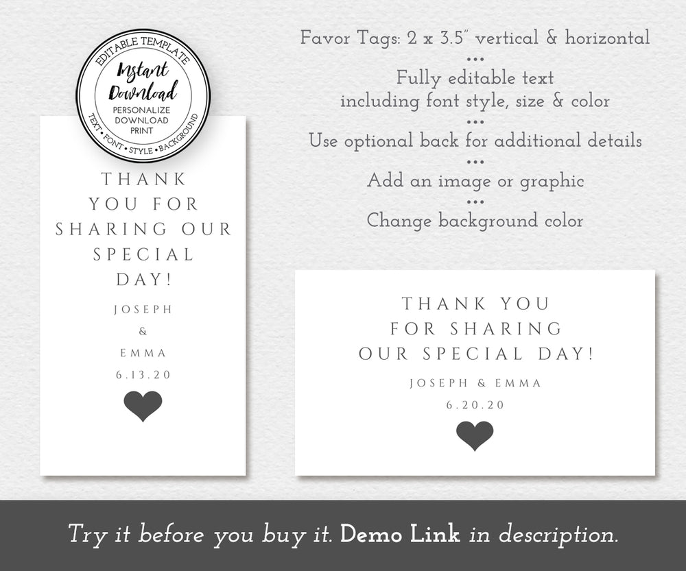 Minimalist Wedding Favor Tag Templates, Rectangle Tags, Horizontal and ...