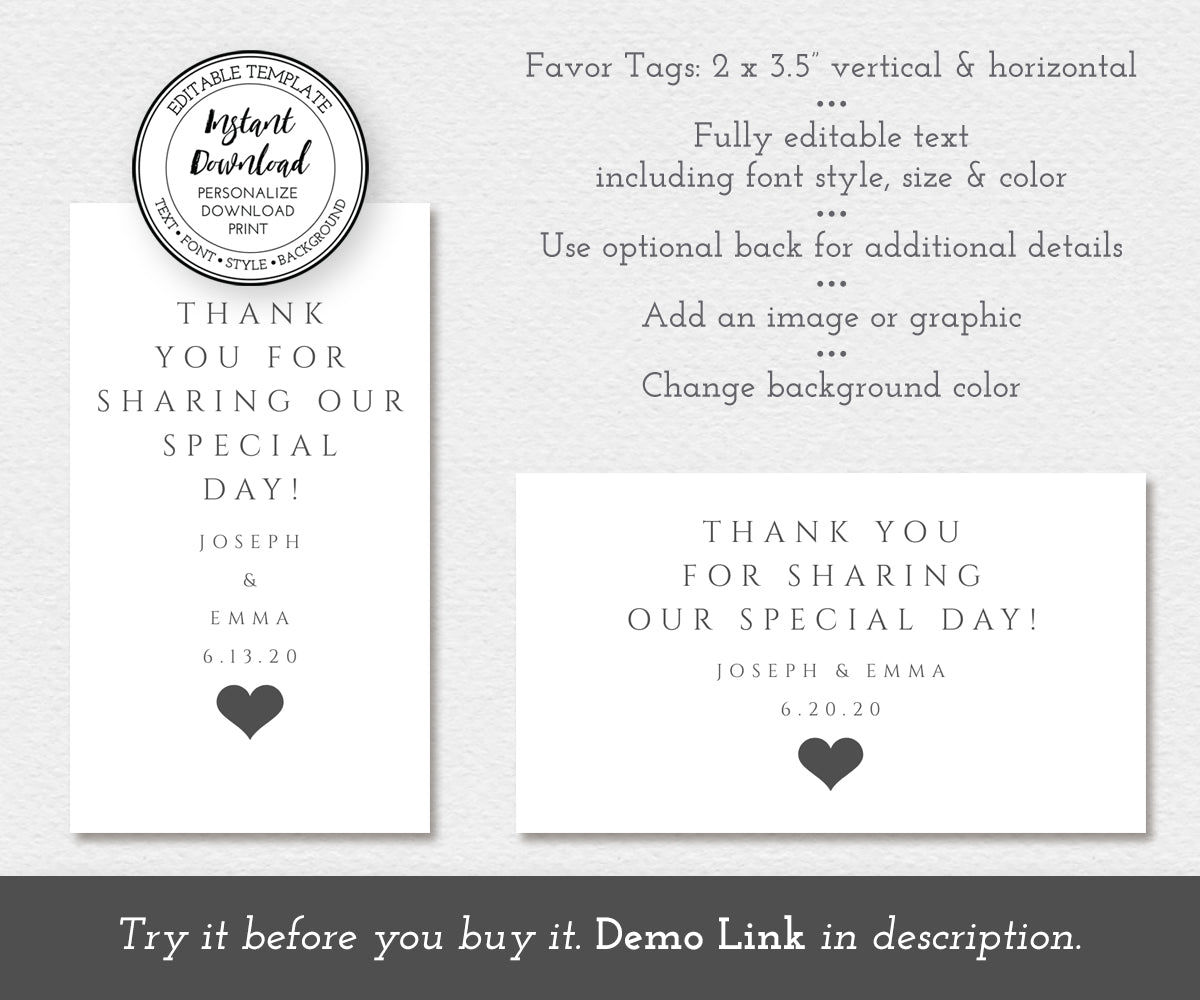 Minimalist Wedding Favor Tag Templates, Rectangle Tags, Horizontal and ...