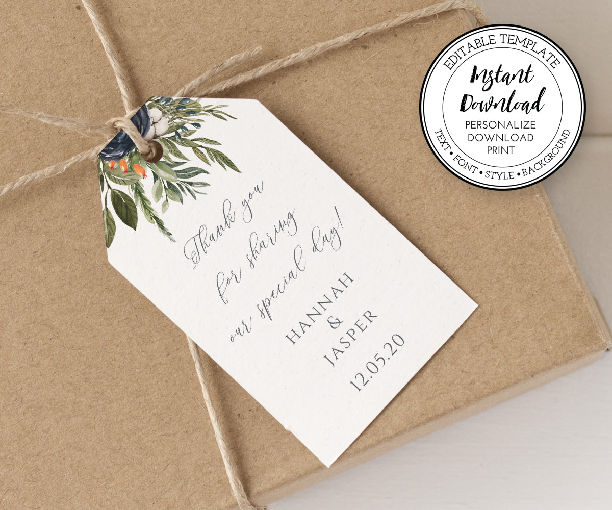 Floral Wedding Favor Tag Template, Navy and White, Horizontal and Vert ...