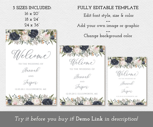 Wedding Welcome Sign Template, Navy and White Floral - Artful Life Designs